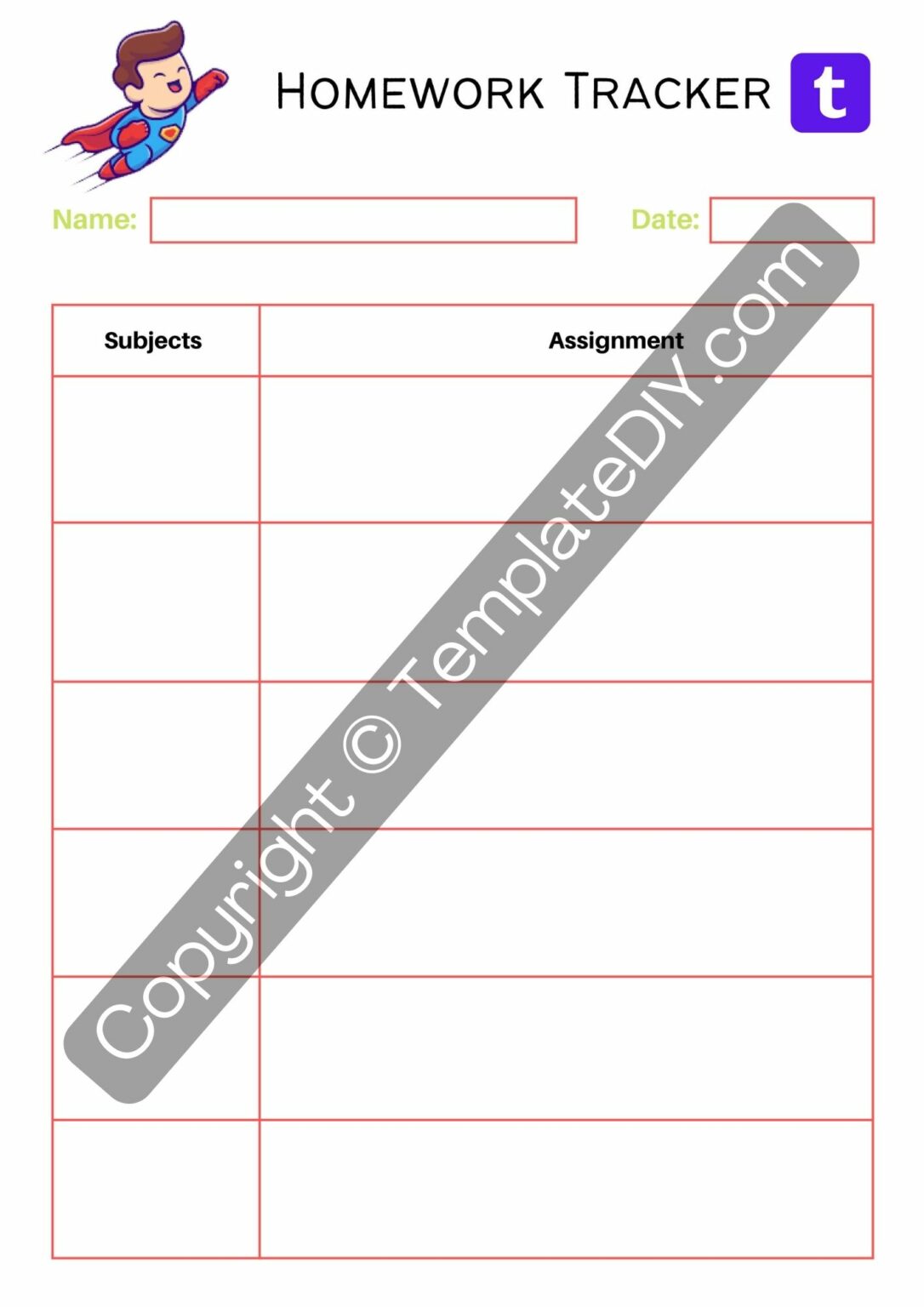 Homework Tracker Template Blank Printable PDF, Word, Excel