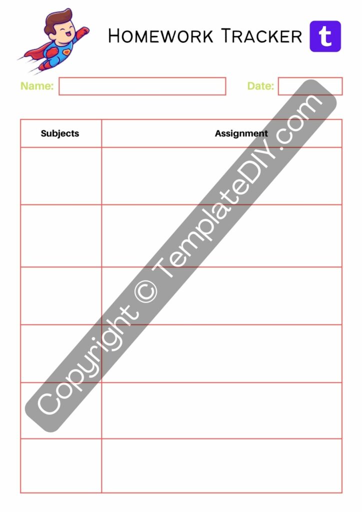 Homework Tracker Template Blank Printable PDF, Word, Excel