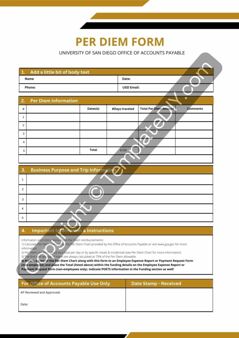 Per Diem Receipt Template Printable Blank PDF, Word, Excel