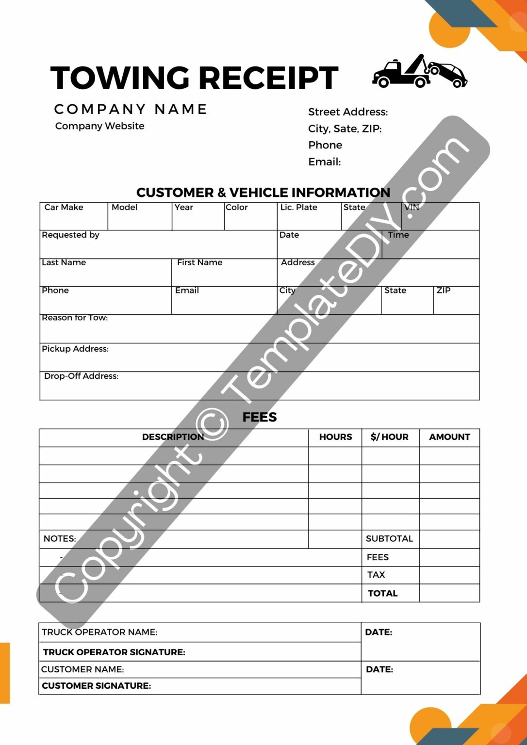 Tow Receipt Template Blank Printable in Pdf, Excel, Word