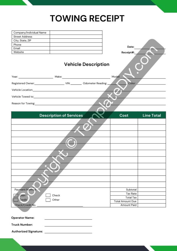 Towing Receipt Template | Download Printable PDF & Word