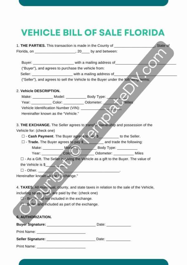 Vehicle Bill of Sale Florida Form Template Blank PDF, Word