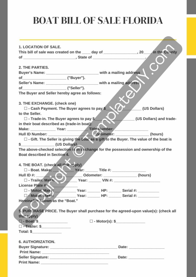 Boat Bill of Sale Florida [FL] Form Template PDF, Word