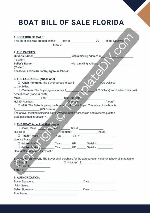 Boat Bill of Sale Florida [FL] Form Template PDF, Word