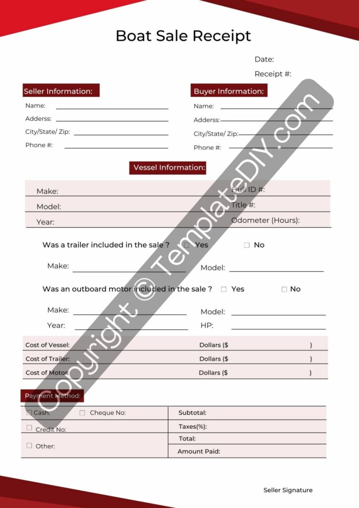 Boat Sales Receipt Template Printable PDF, Excel, Word