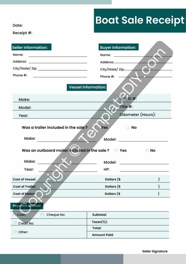 Boat Sales Receipt Template Printable PDF, Excel, Word