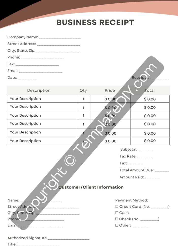 Business Receipt Template Blank Printable Pdf, Excel, Word