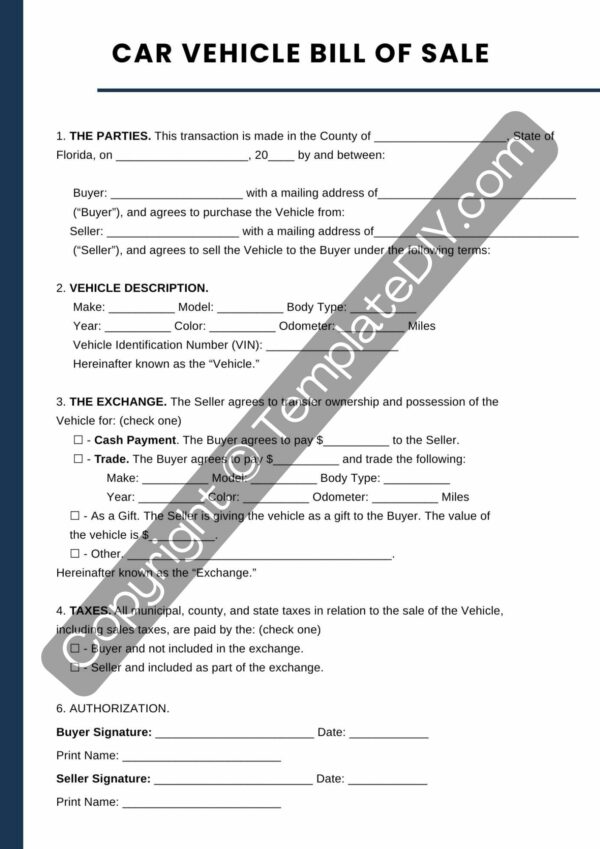 Printable Florida Car Bill of Sale | PDF & Word Download