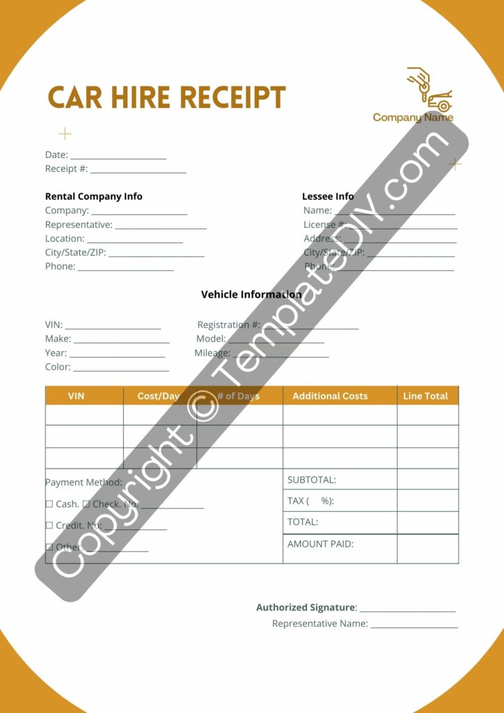 Car Hire Receipt Template Blank Printable PDF, Excel, Word