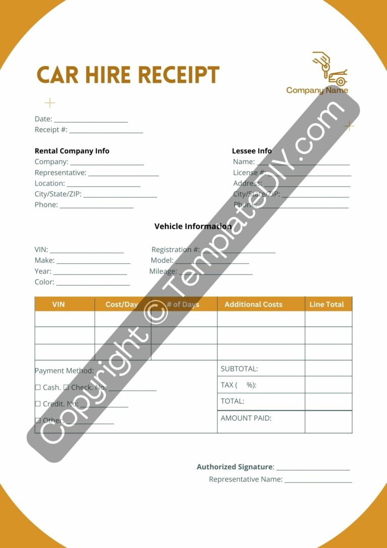 Car Hire Receipt Template Blank Printable PDF, Excel, Word