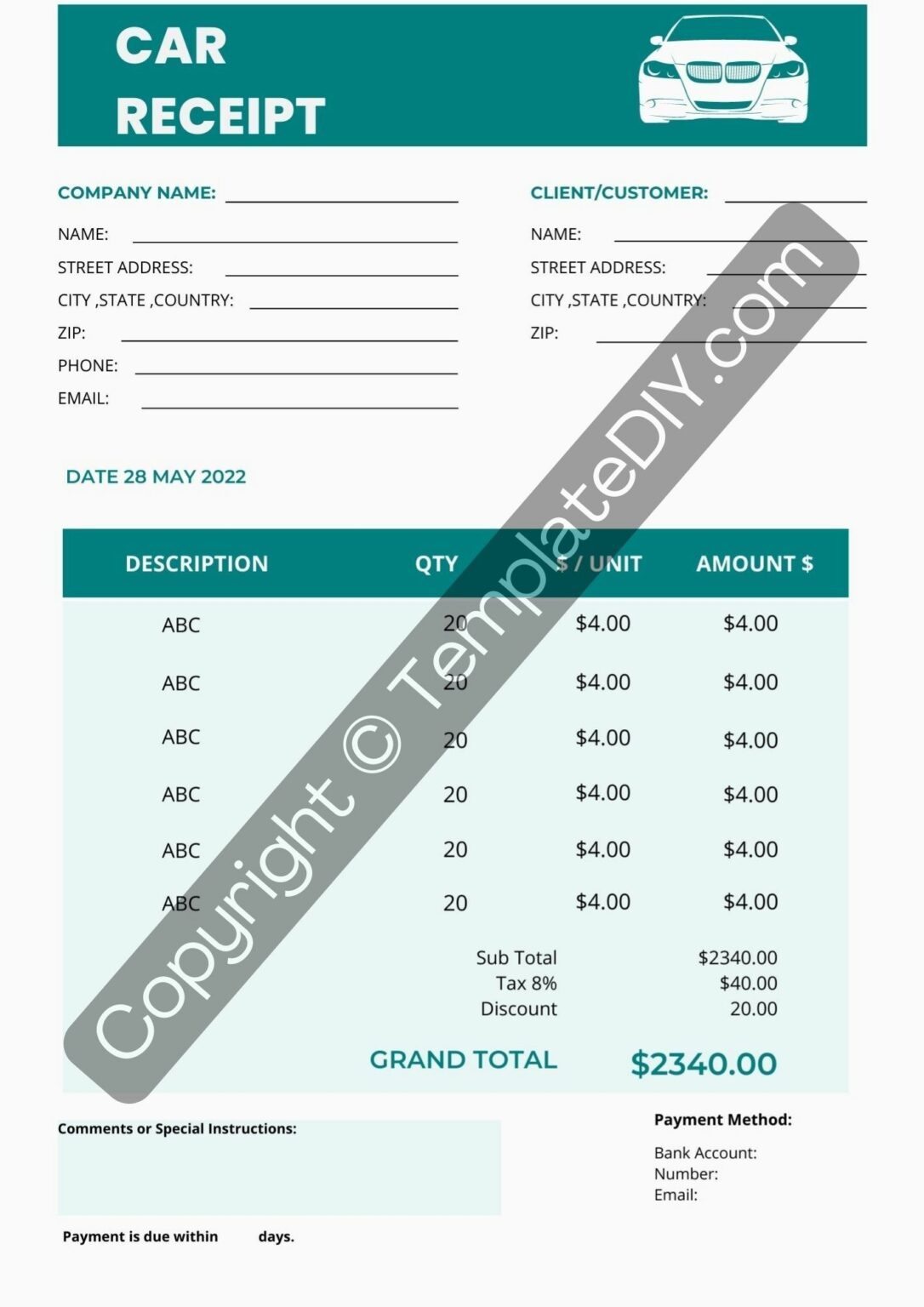Car Receipt Template Blank Printable PDF, Word [Editable]