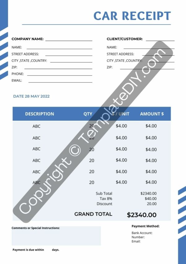 Car Receipt Template Blank Printable PDF, Word [Editable]