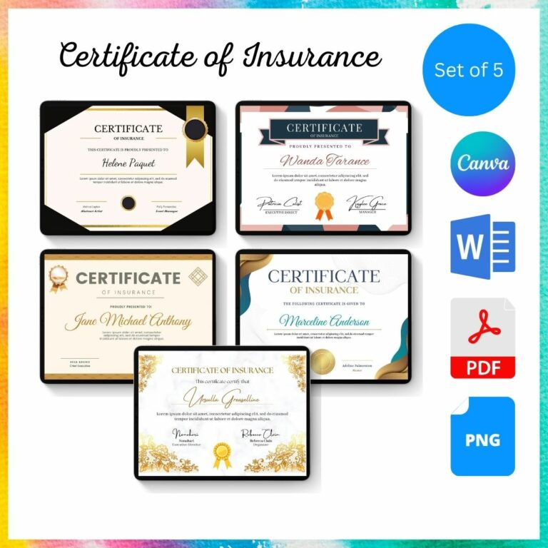 Certificate of Insurance Template Printable PDF, Word