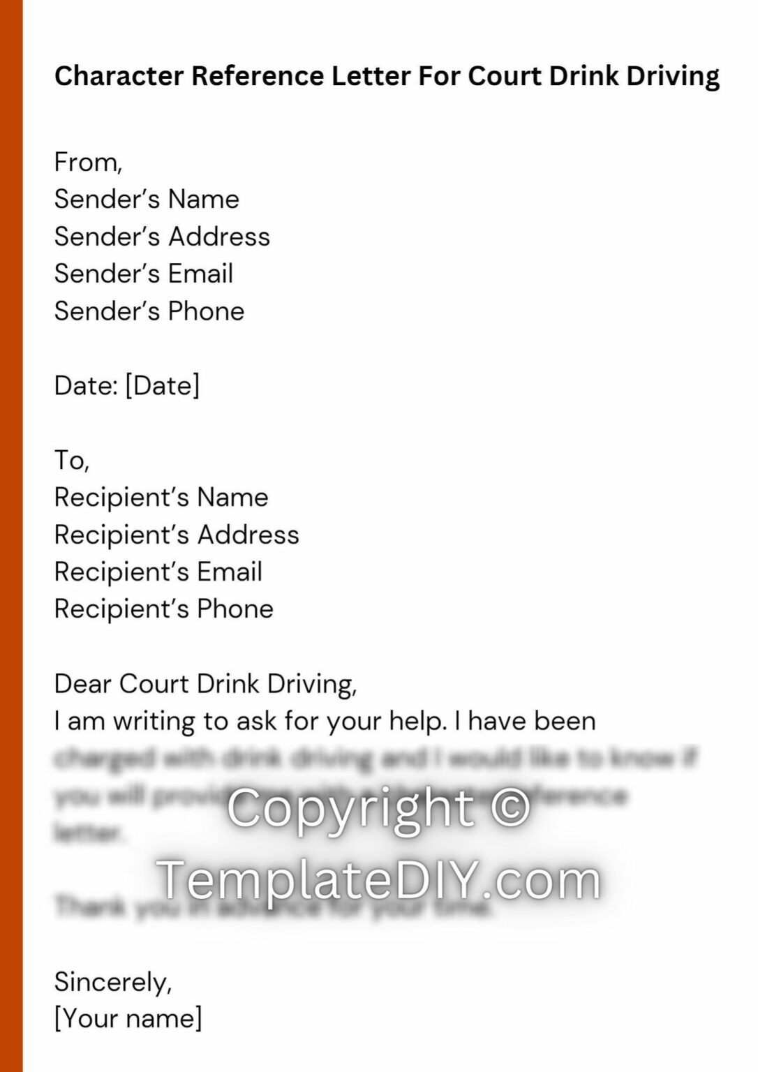 Character Reference Letter For Court Drink Driving Sample