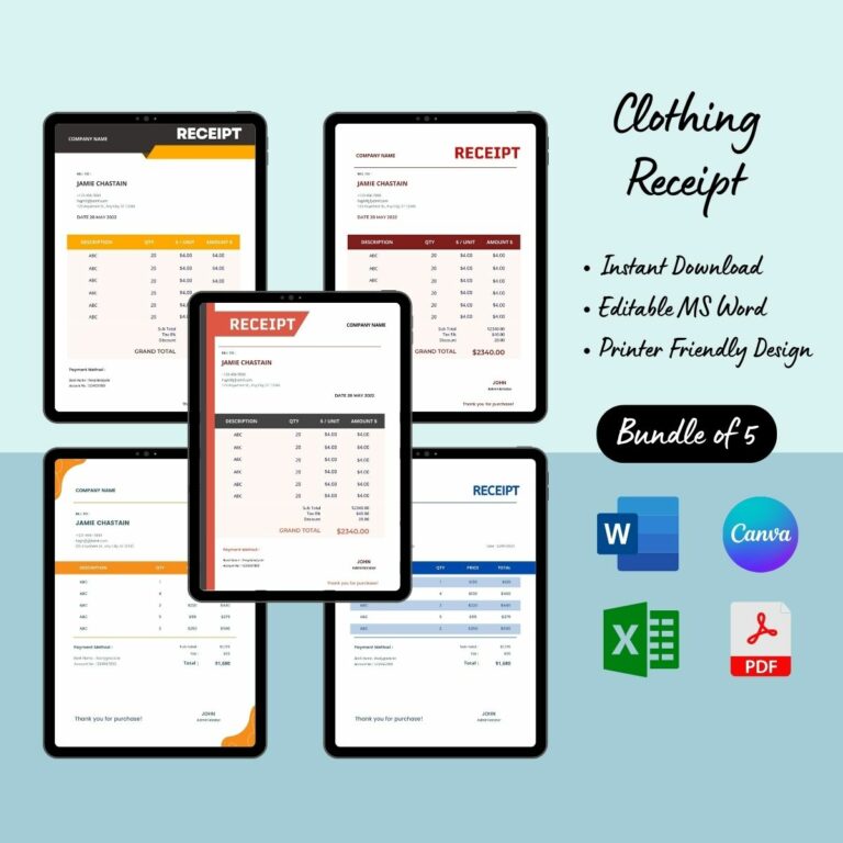 Clothing Receipt Template Blank Printable PDF, Excel, Word