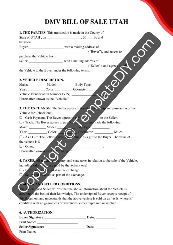 DMV Bill of Sale Utah [UT] Form Template PDF, Word