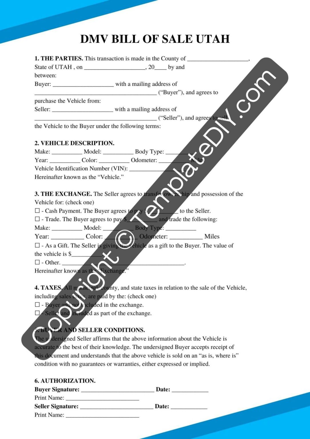 DMV Bill of Sale Utah [UT] Form Template PDF, Word