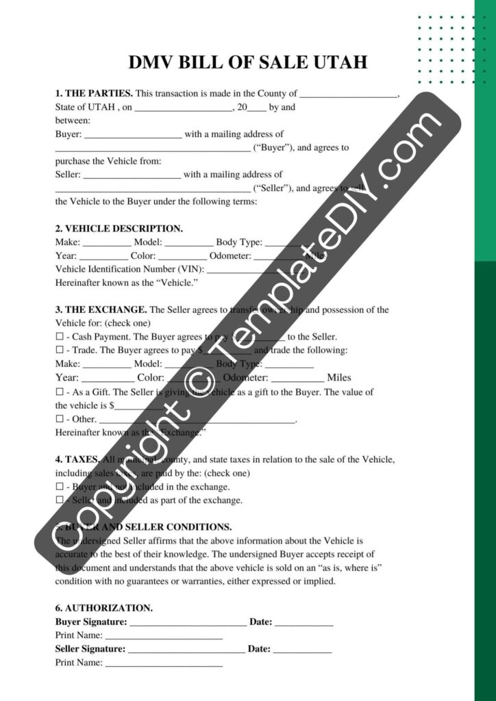 DMV Bill of Sale Utah [UT] Form Template PDF, Word