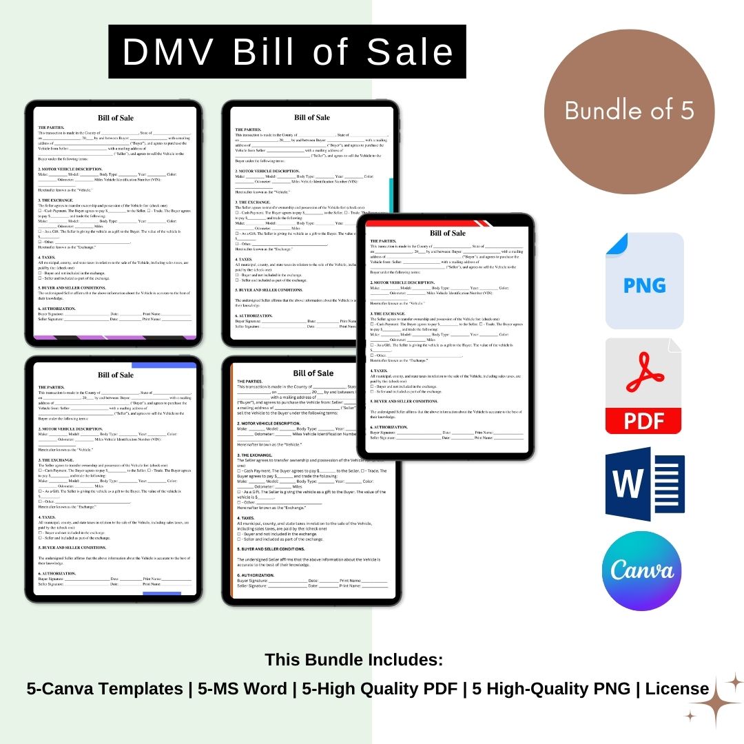 DMV Bill of Sale Form Template Blank Printable PDF, Word