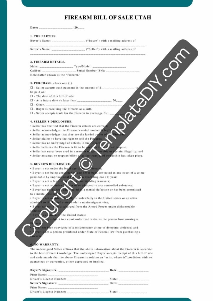 Firearm Bill of Sale Utah [UT] Form Template PDF, Word