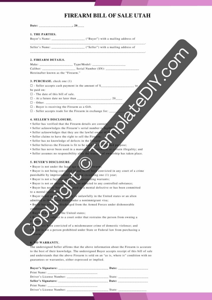 Firearm Bill of Sale Utah [UT] Form Template PDF, Word