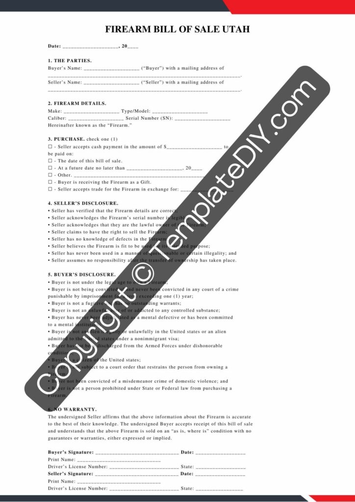 Firearm Bill of Sale Utah [UT] Form Template PDF, Word