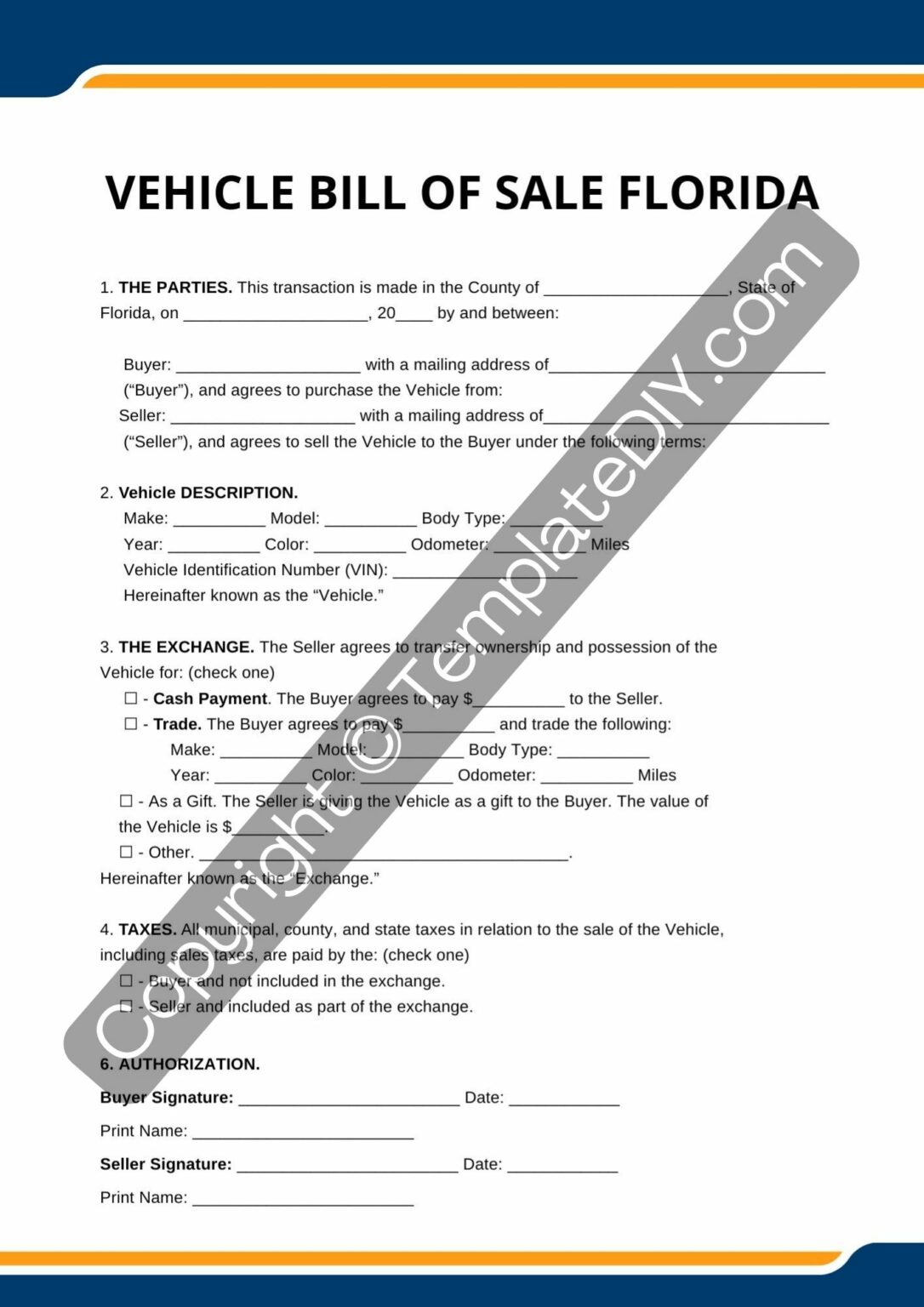 Vehicle Bill of Sale Florida Form Template Blank PDF, Word