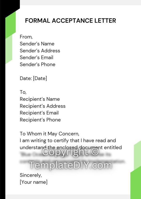 Formal Acceptance Letter Sample Template Examples [Word]