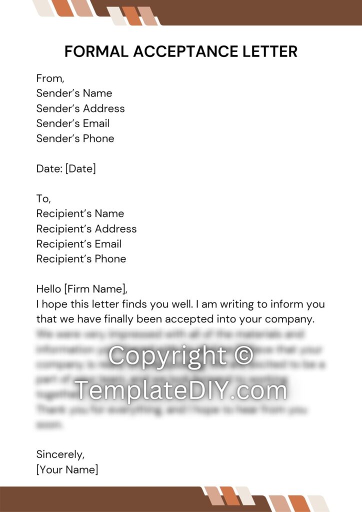 Formal Acceptance Letter Sample Template Examples [Word]