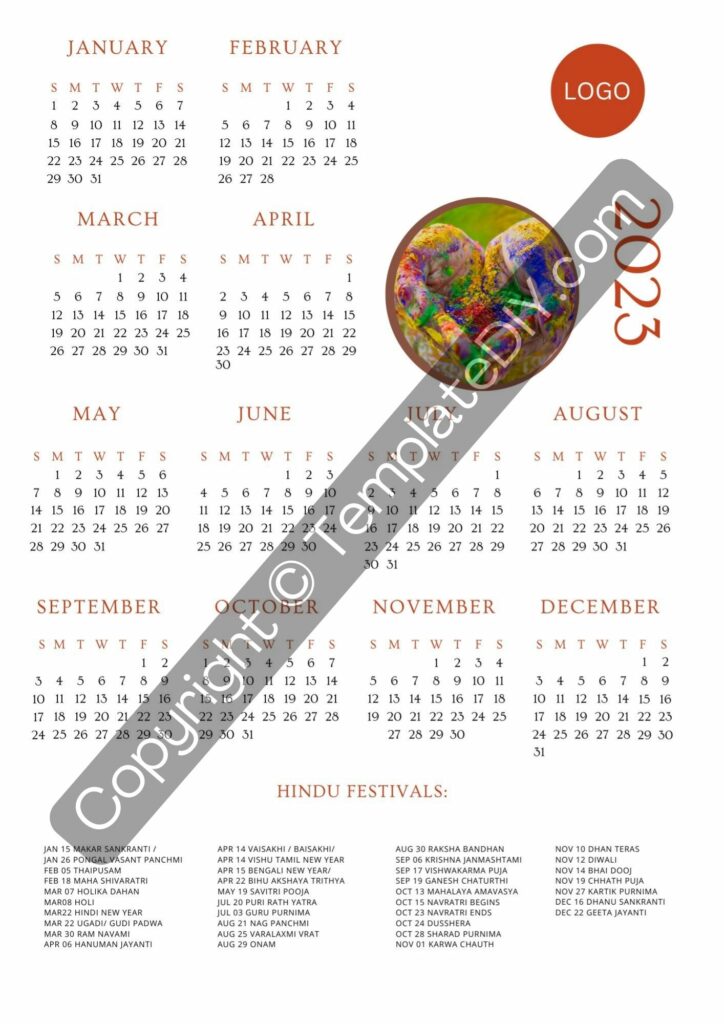 Hindu Calendar 2025 Template Printable in PDF, Word