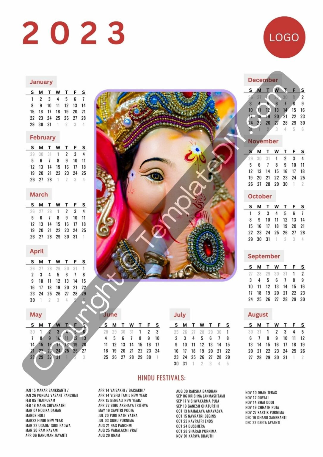 Hindu Calendar 2025 Template Printable in PDF, Word