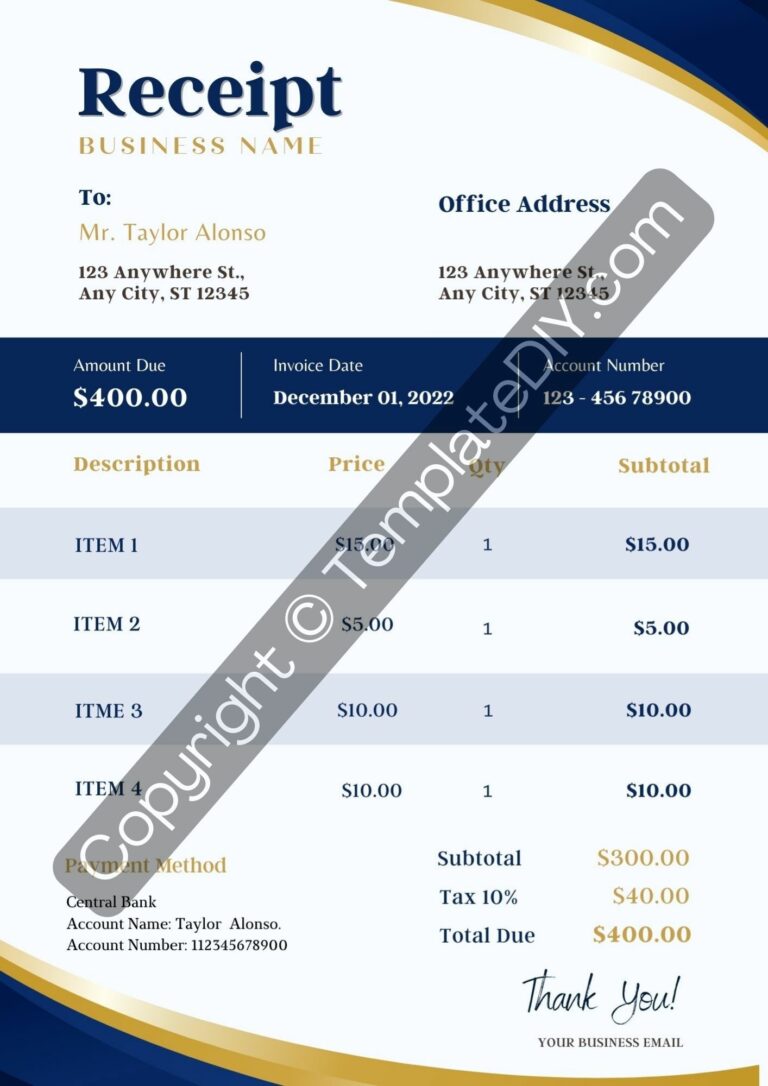 Home Business Receipt Template Printable PDF, Excel, Word