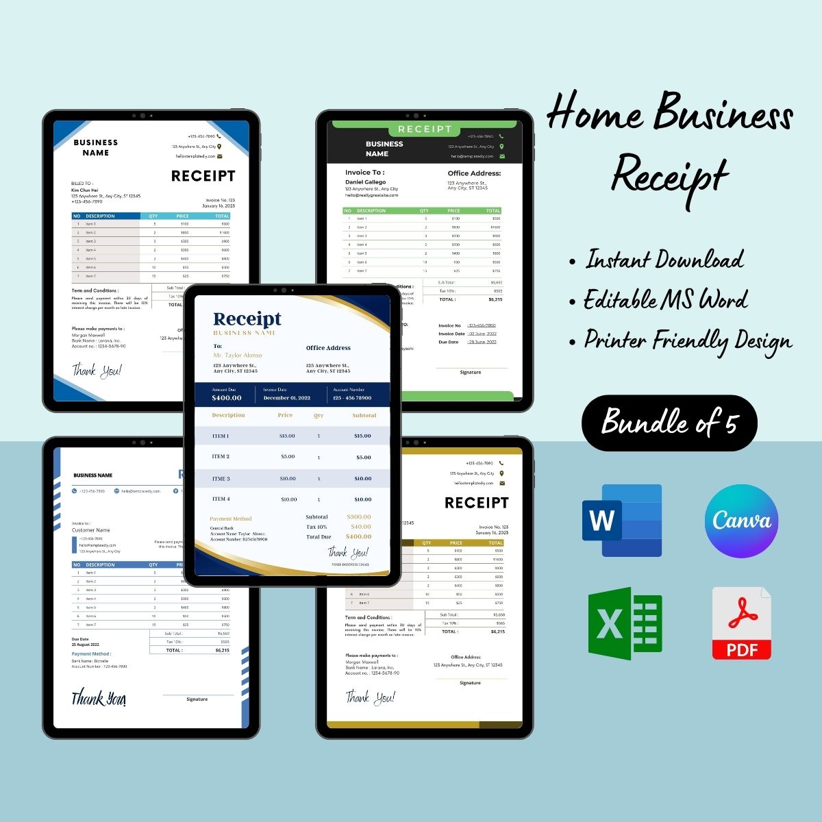 Home Business Receipt Template Printable PDF, Excel, Word