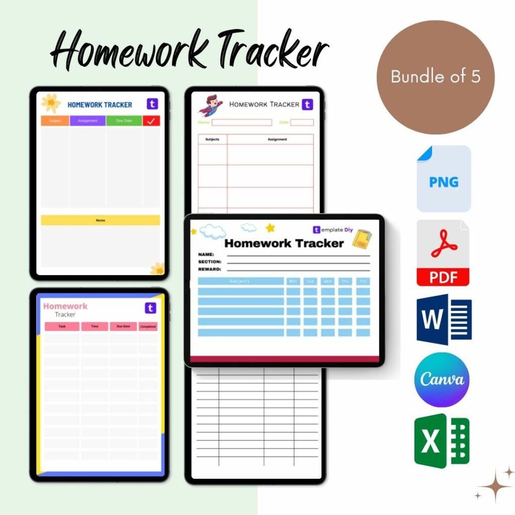Homework Tracker Template Blank Printable PDF, Word, Excel