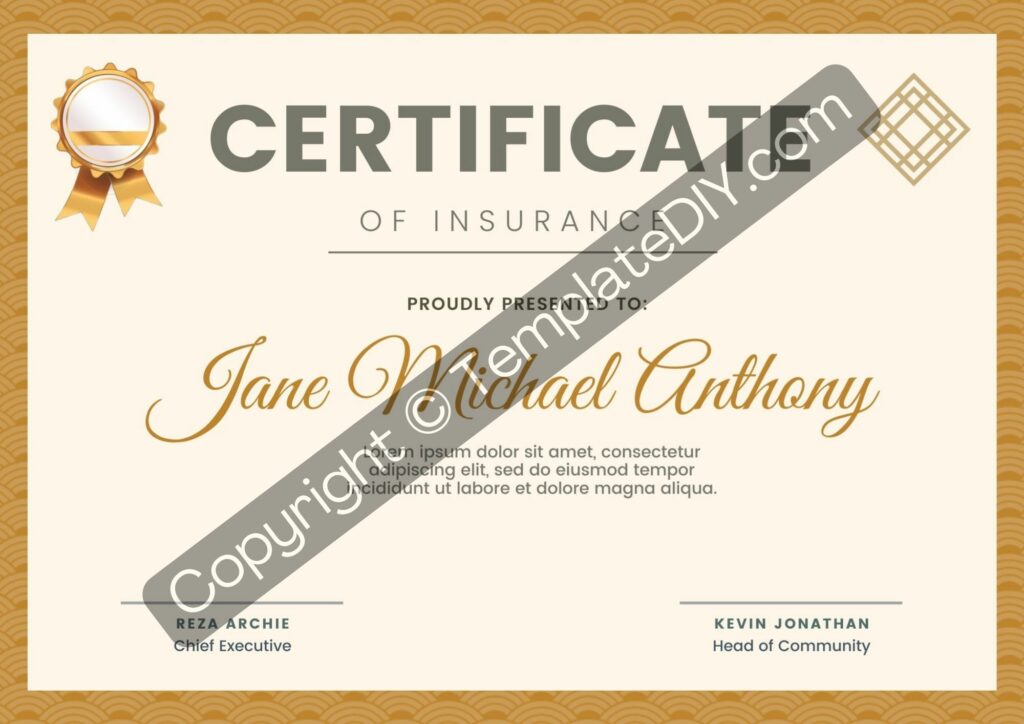 Certificate of Insurance Template Printable PDF, Word