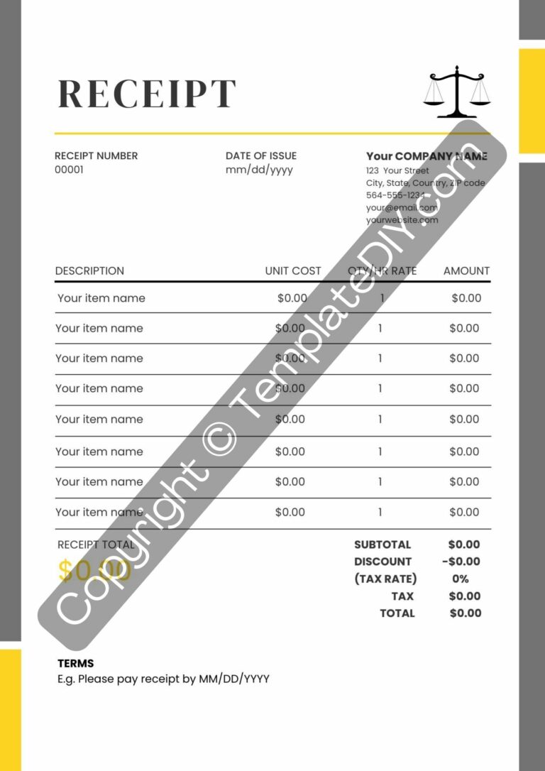 Law Firm Receipt Template Printable Blank PDF, Word, Excel