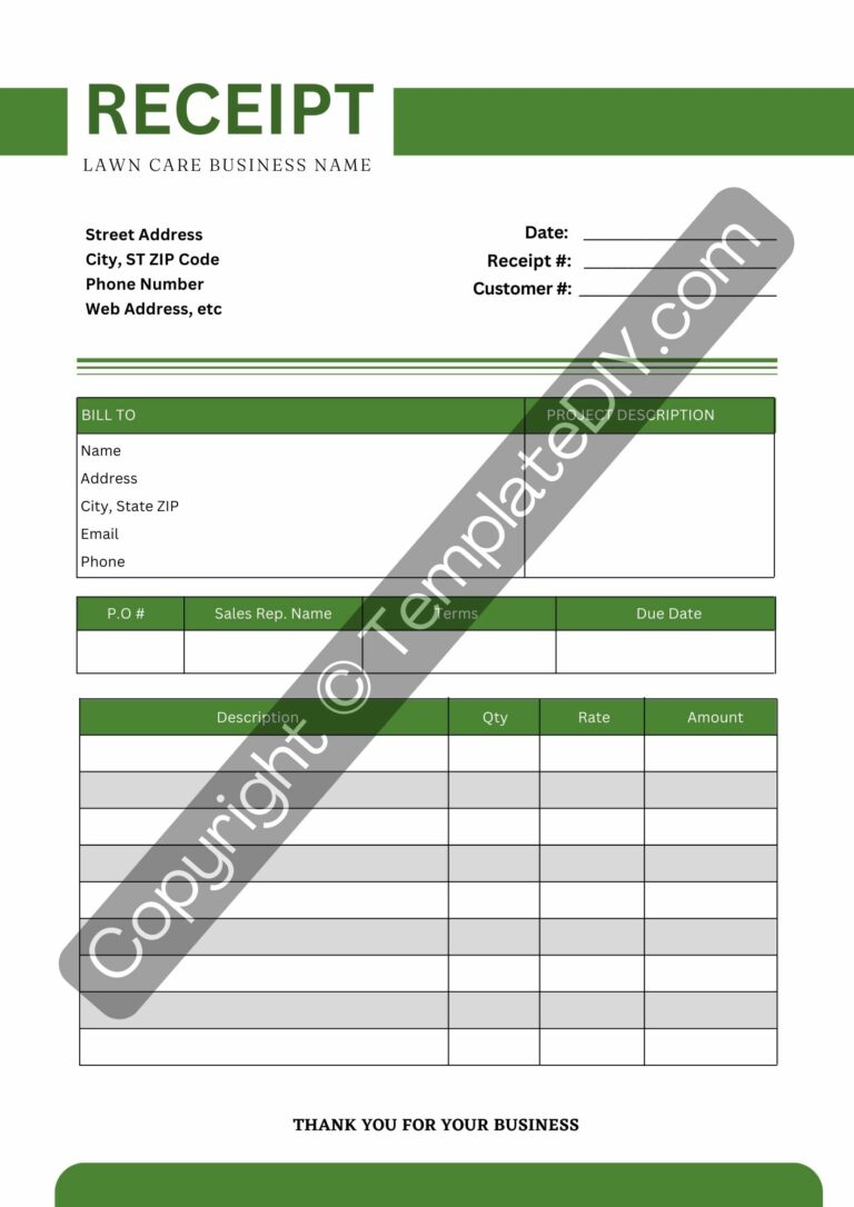 Lawn Care Receipt Template Blank Printable Pdf, Word, Excel