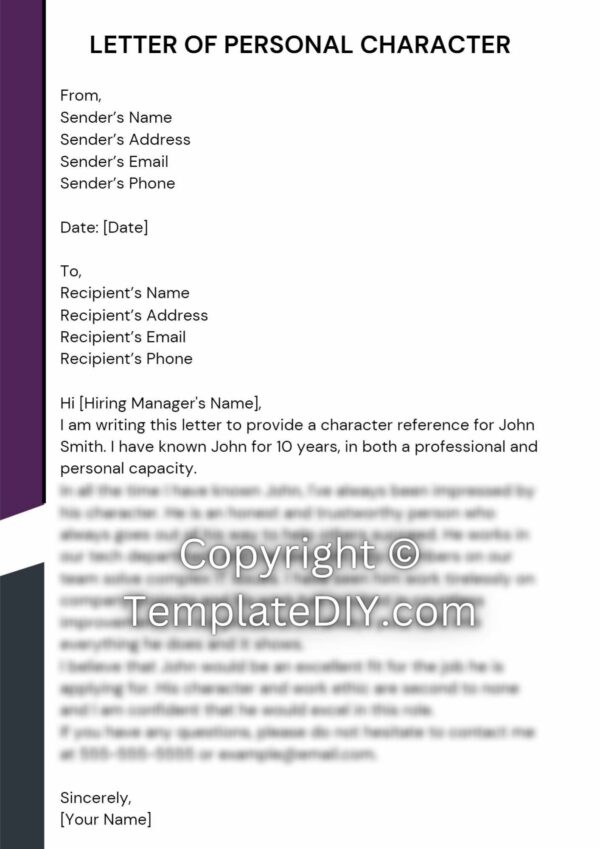 Letter of Personal Character Sample with Examples [Word]