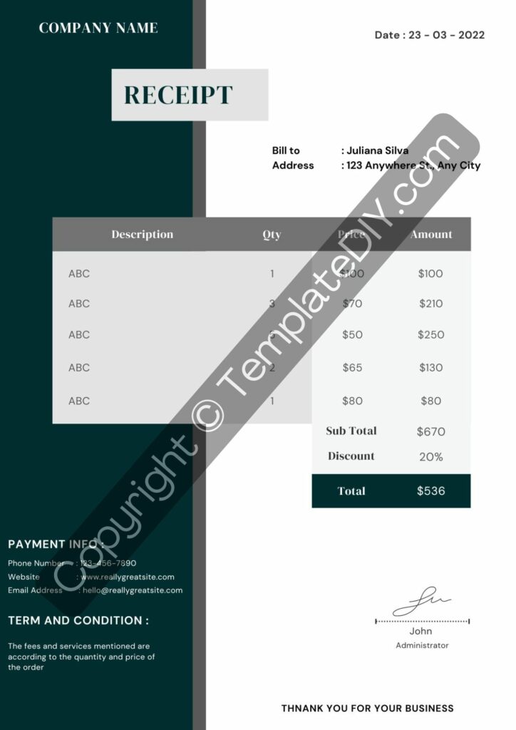 Modern Receipt Template Blank Printable PDF, Excel, Word