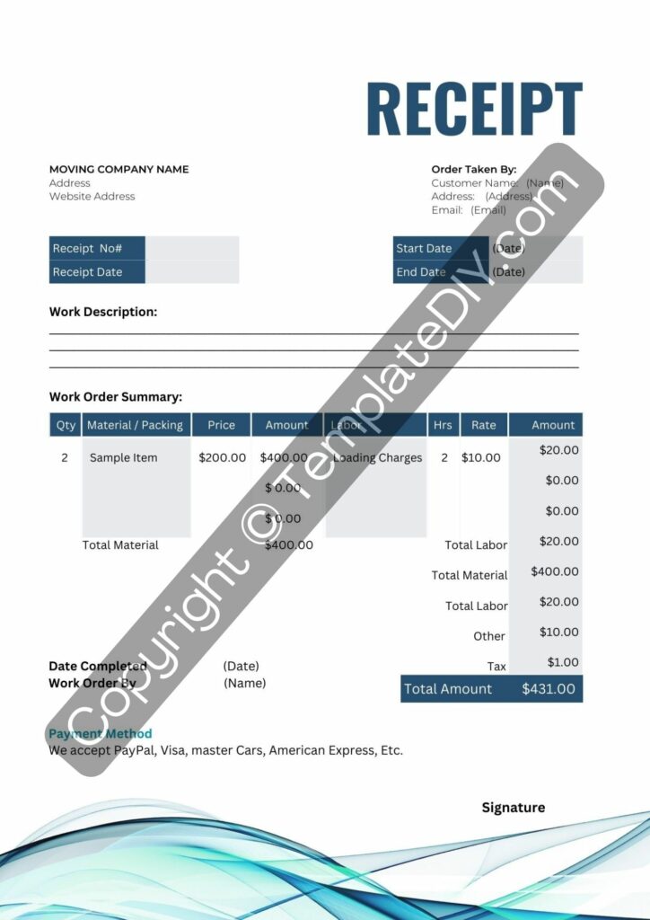 Moving Company Receipt Template | Printable & Editable
