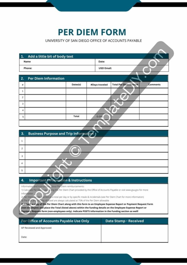 Per Diem Receipt Template Printable Blank PDF, Word, Excel