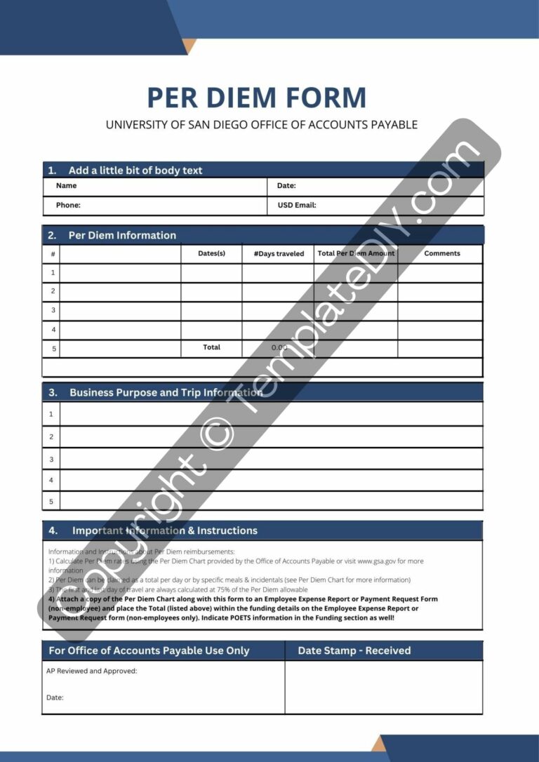 Per Diem Receipt Template Printable Blank PDF, Word, Excel