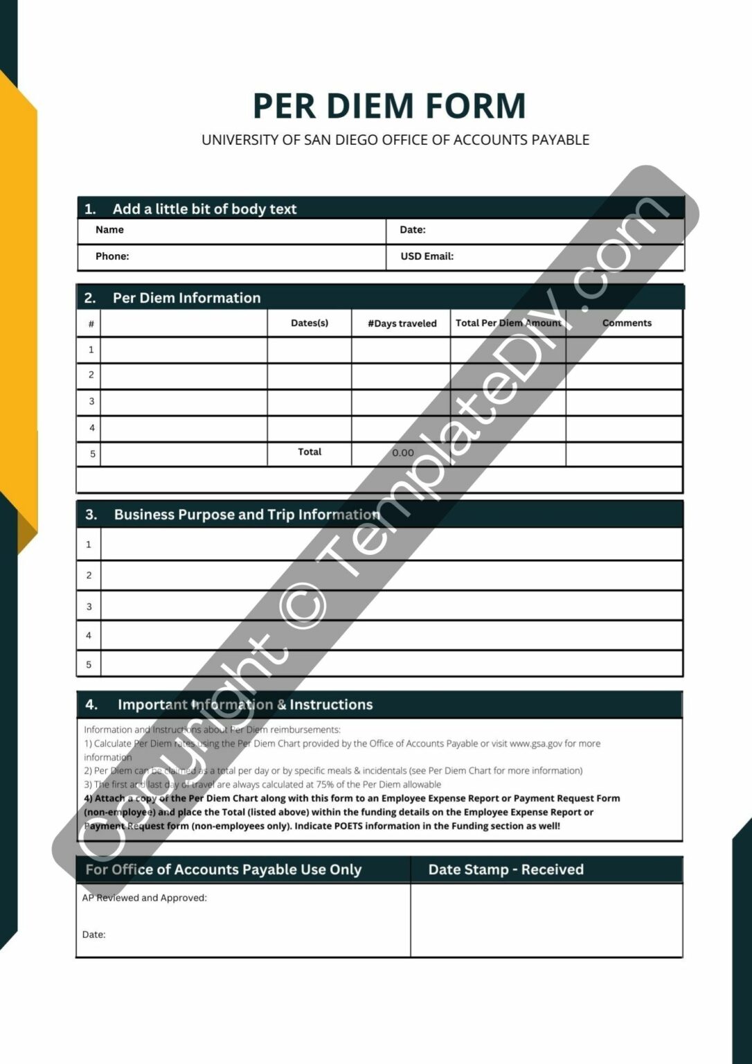 Per Diem Receipt Template Printable Blank PDF, Word, Excel