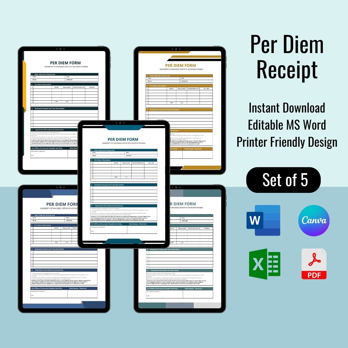 Per Diem Receipt Template Printable Blank PDF, Word, Excel