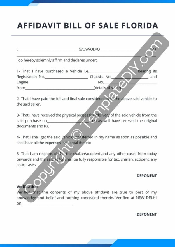 Affidavit Bill of Sale Florida [FL] Form Template PDF, Word