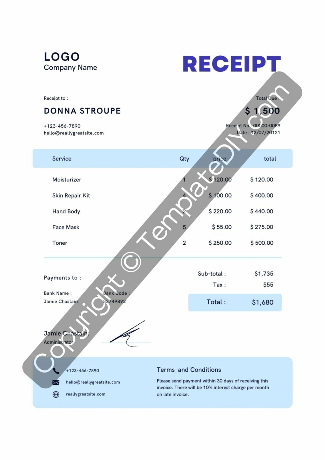 Auto Shop Receipt Template Blank Printable PDF, Excel, Word