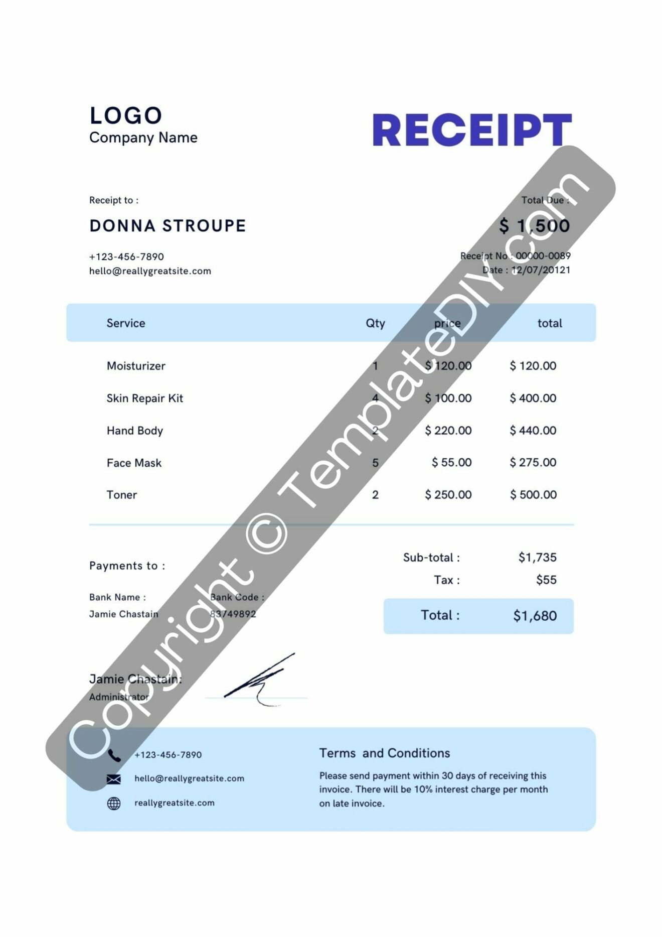 Auto Shop Receipt Template Blank Printable PDF, Excel, Word