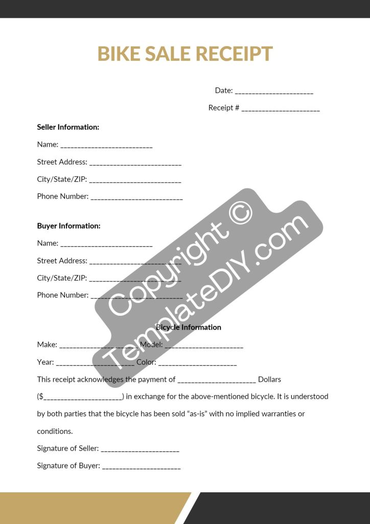 Bike Sale Receipt Template Printable PDF, Word, Excel