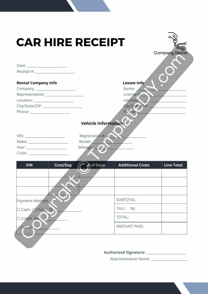 Car Hire Receipt Template Blank Printable PDF, Excel, Word