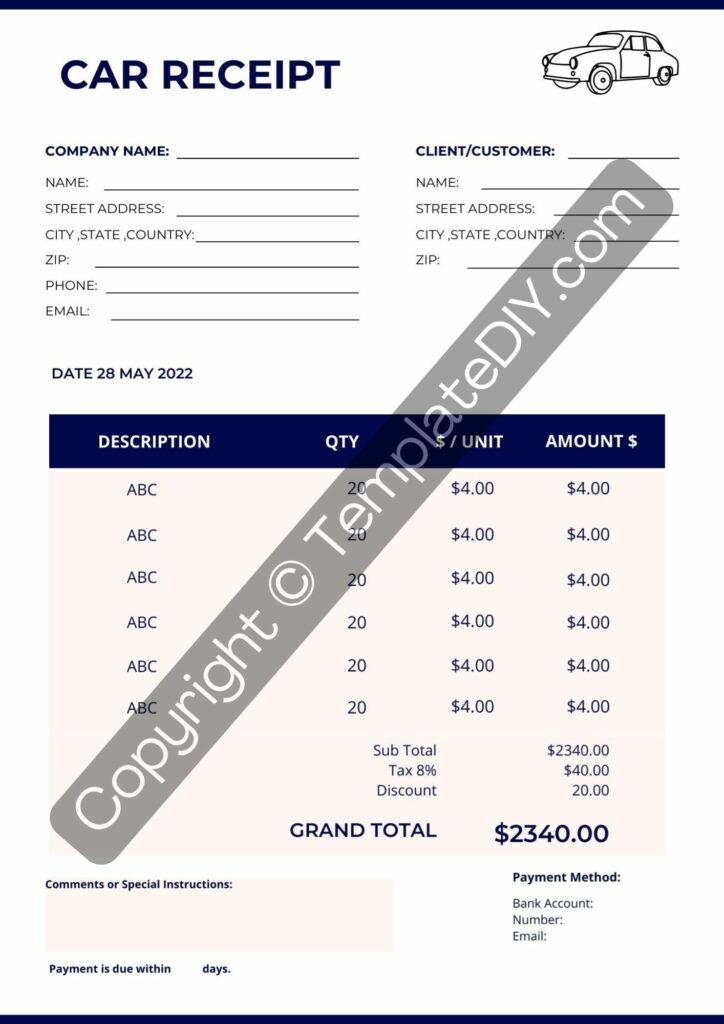 Car Receipt Template Blank Printable PDF, Word [Editable]